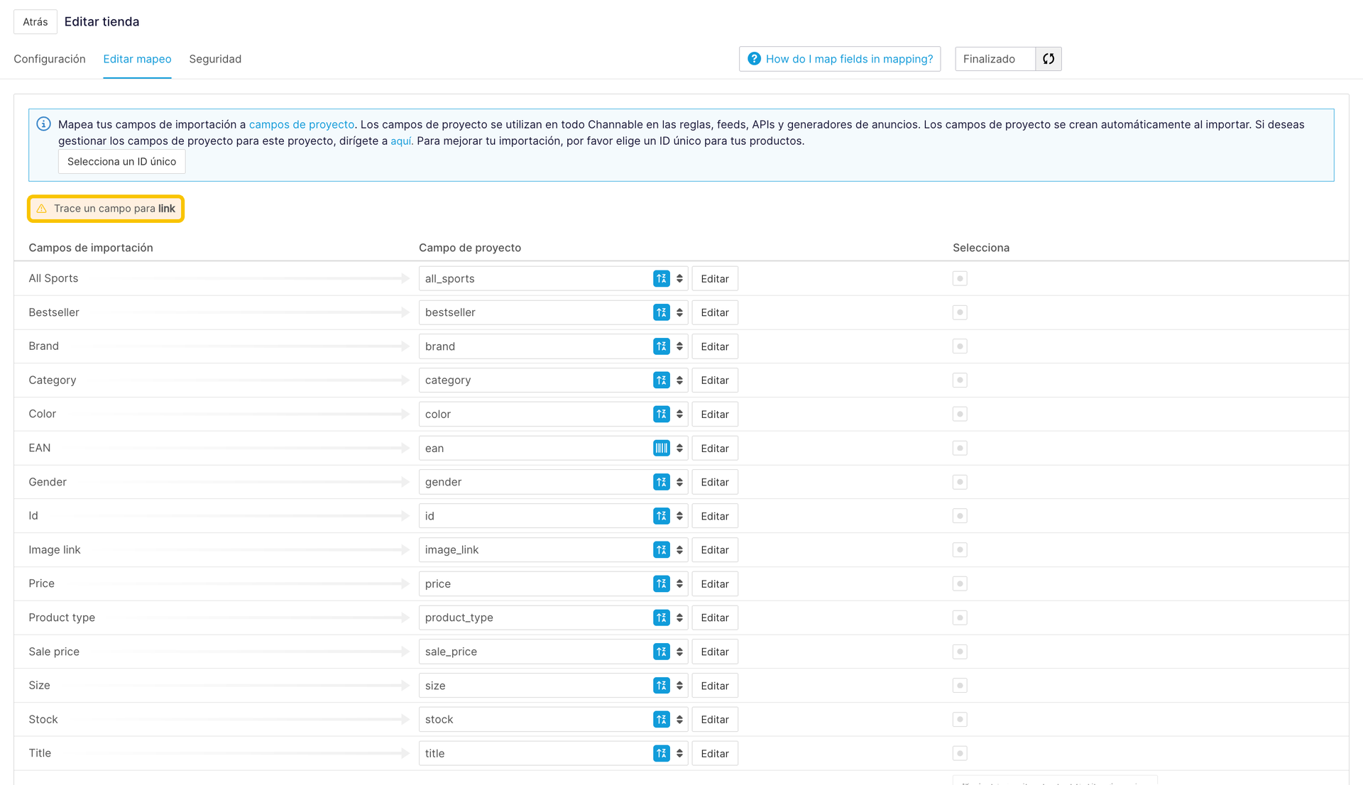 Mapear campos en Editar mapeo – Help Center - Channable